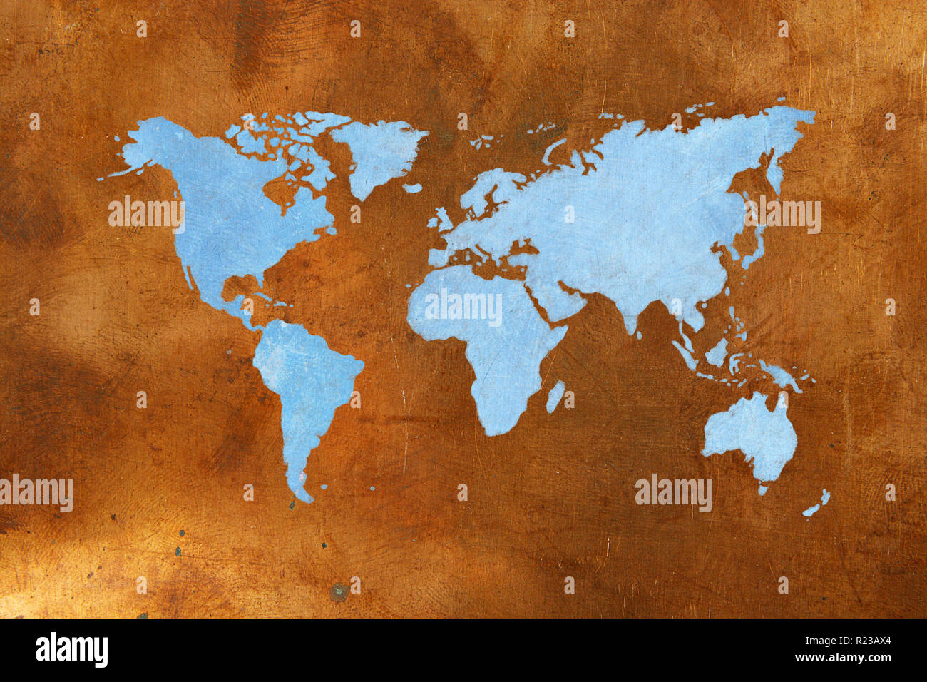World map on bronze background. Copper and blue color Stock Photo - Alamy