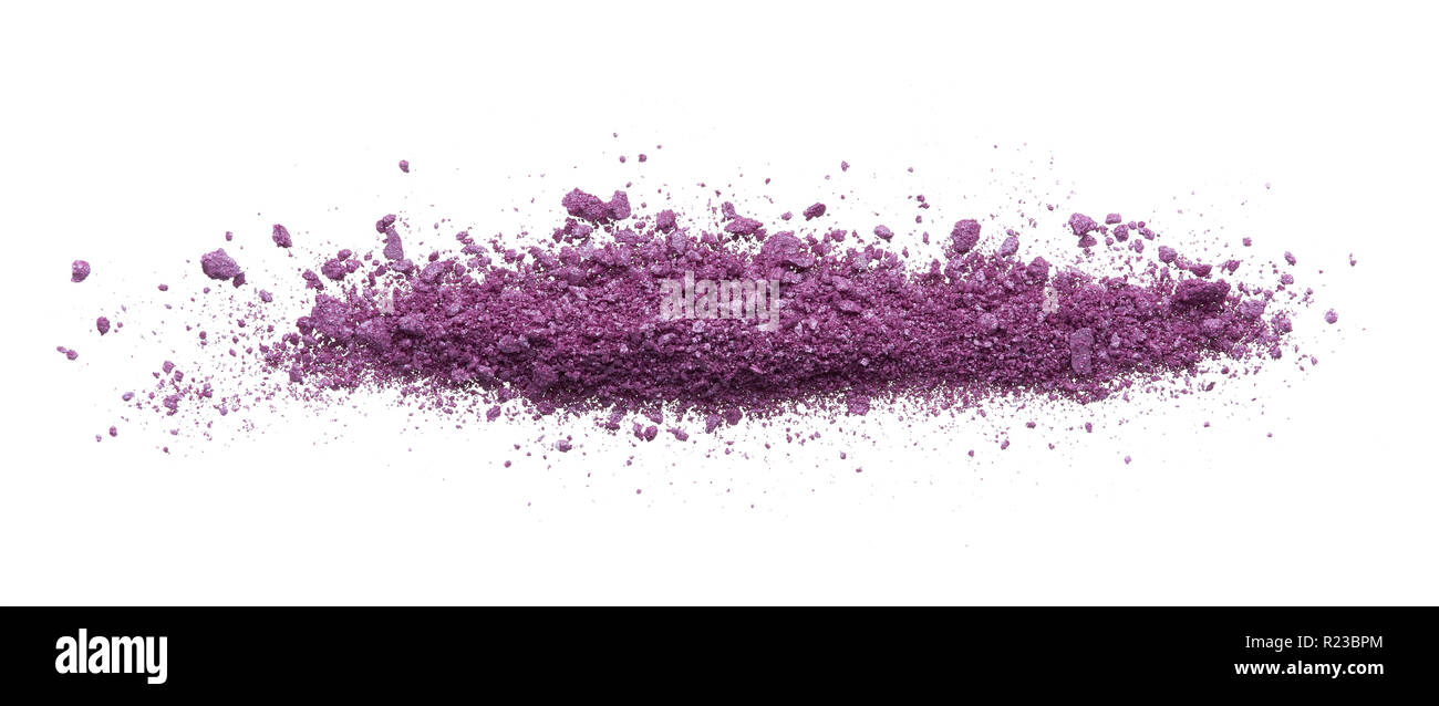 Texture of broken violet eye shadow isolated on white background. Macro ...