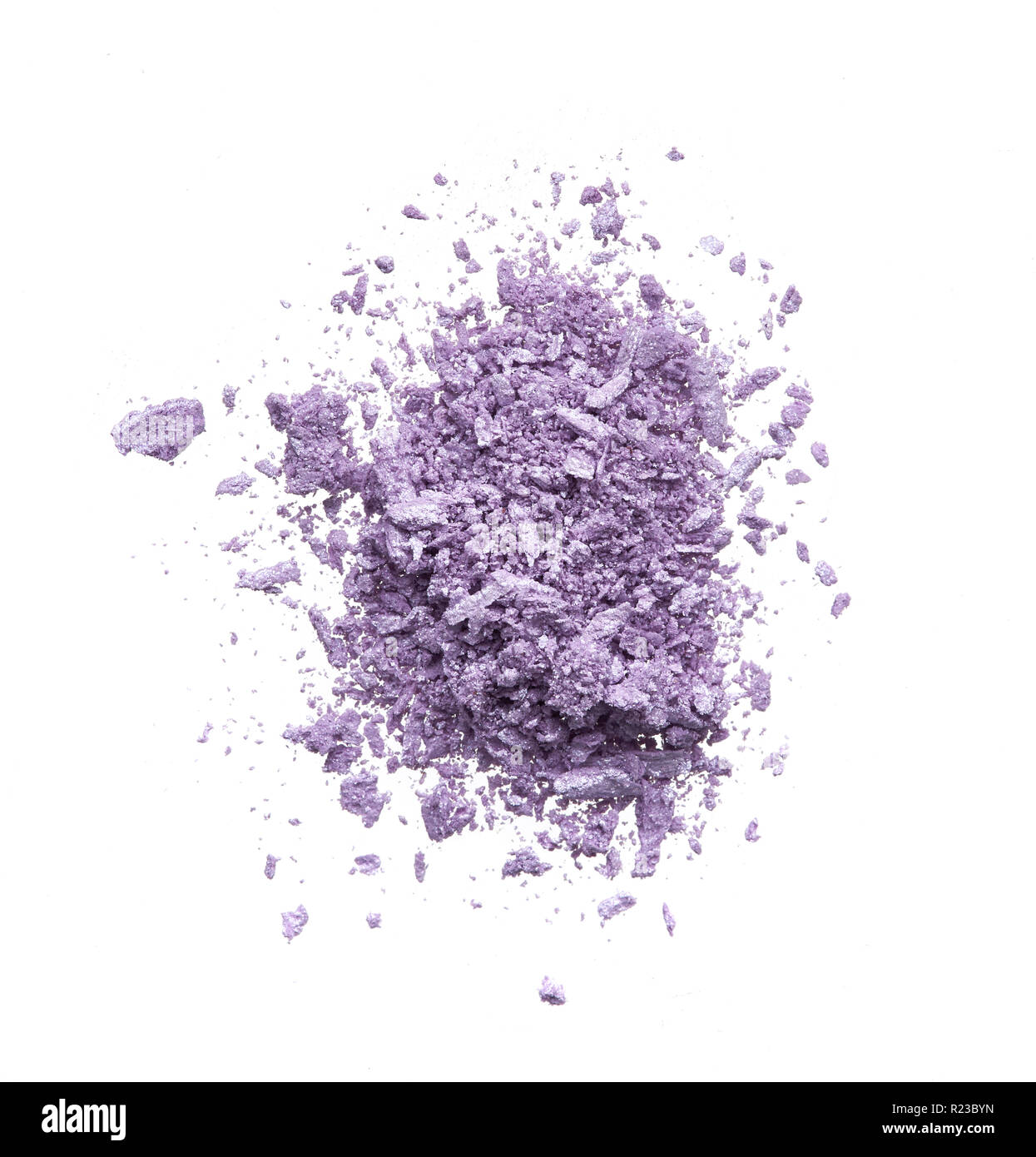 Texture of broken violet eye shadow isolated on white background. Macro ...