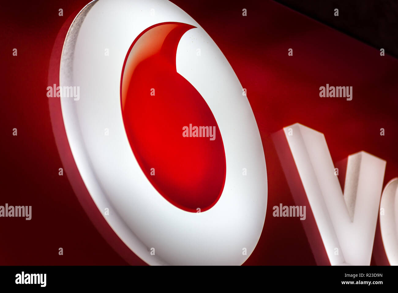 RAVENNA, ITALY - SEPTEMBER 12, 2018: light is enlightening VODAFONE ...