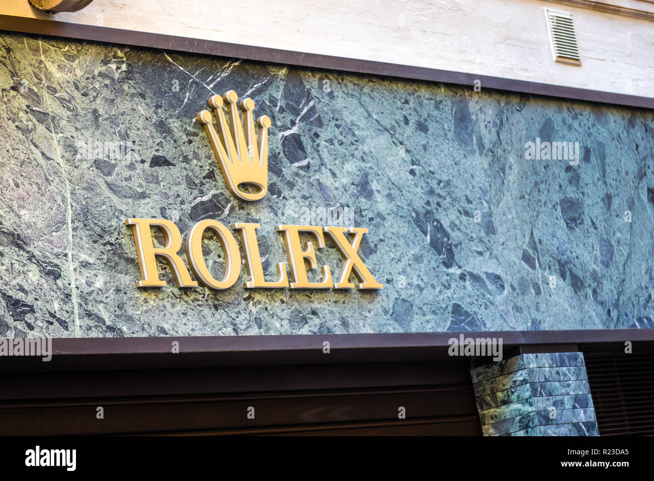 RAVENNA, ITALY - SEPTEMBER 12, 2018: light is enlightening ROLEX logo ...