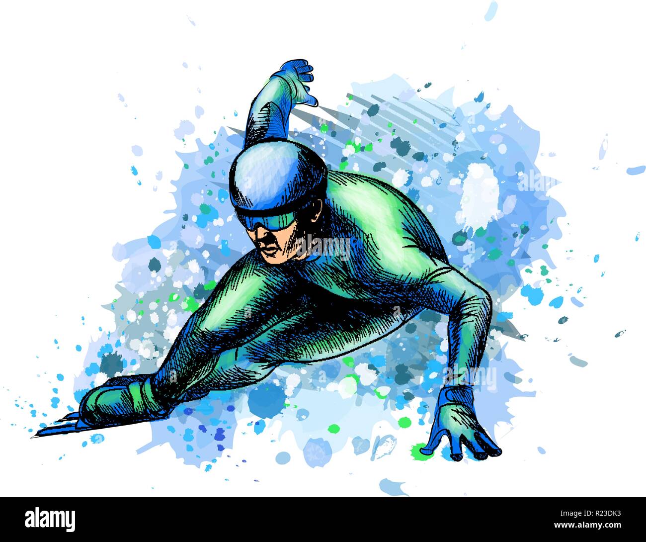 Abstract speed skaters from splash of watercolors. Winter sport Short ...