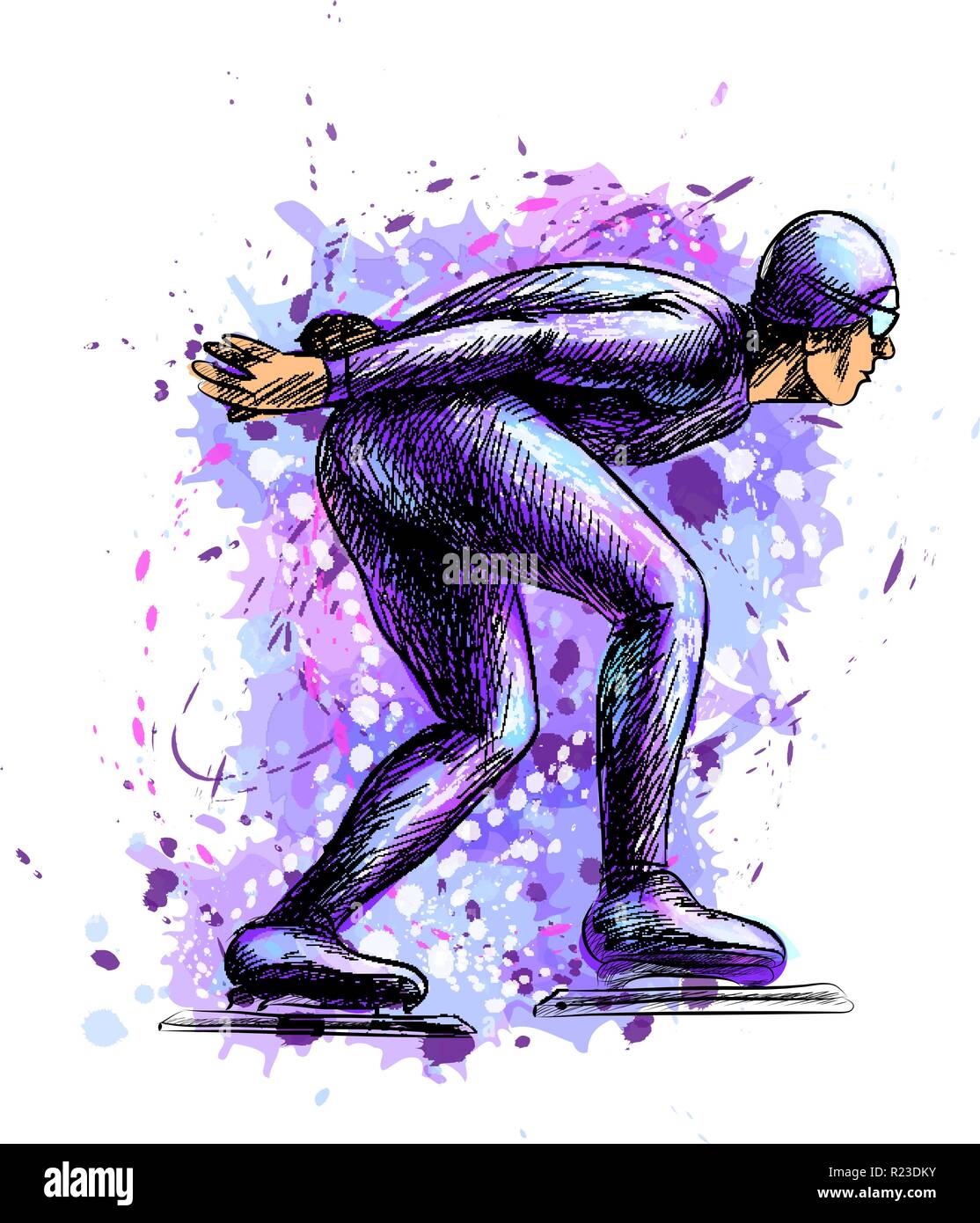 Abstract speed skaters from splash of watercolors. Winter sport Short ...