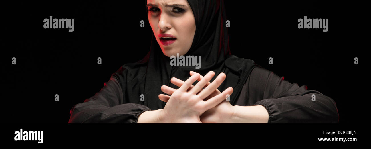 Portrait of beautiful desperate scared frightened young muslim woman ...