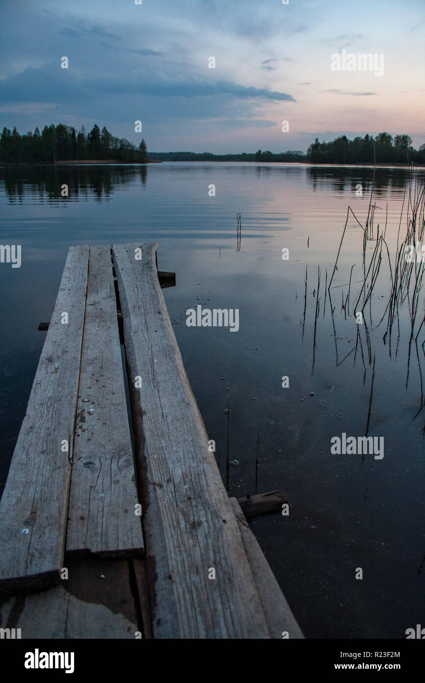 wooden and composite material foot bridge over water in green summer ...