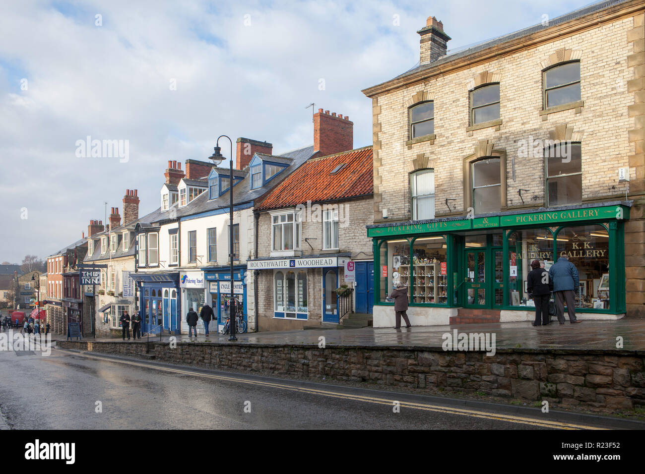 Shops on Market Place in the centre of the Yorkshire town of Pickering ...