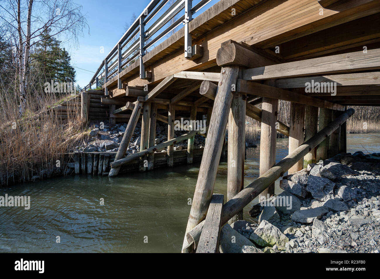 wooden and composite material foot bridge over water in green summer ...