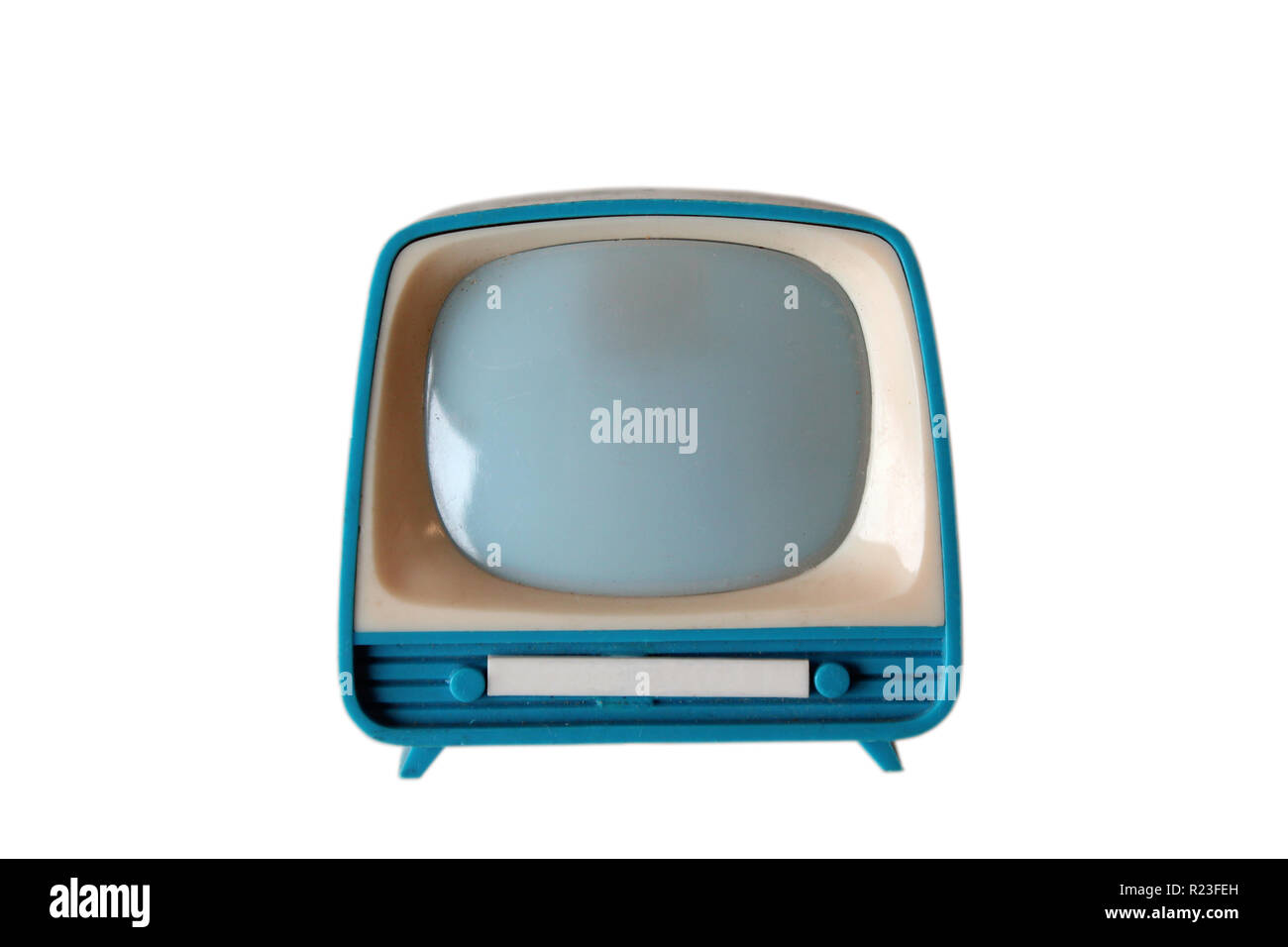 Plastic toy TV television isolated on a white background, close-up ...