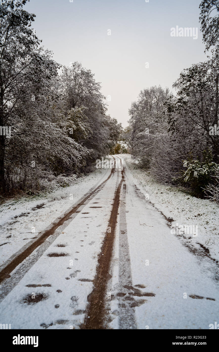 snow and ice covered road in countryside in winter with tire tracks ...