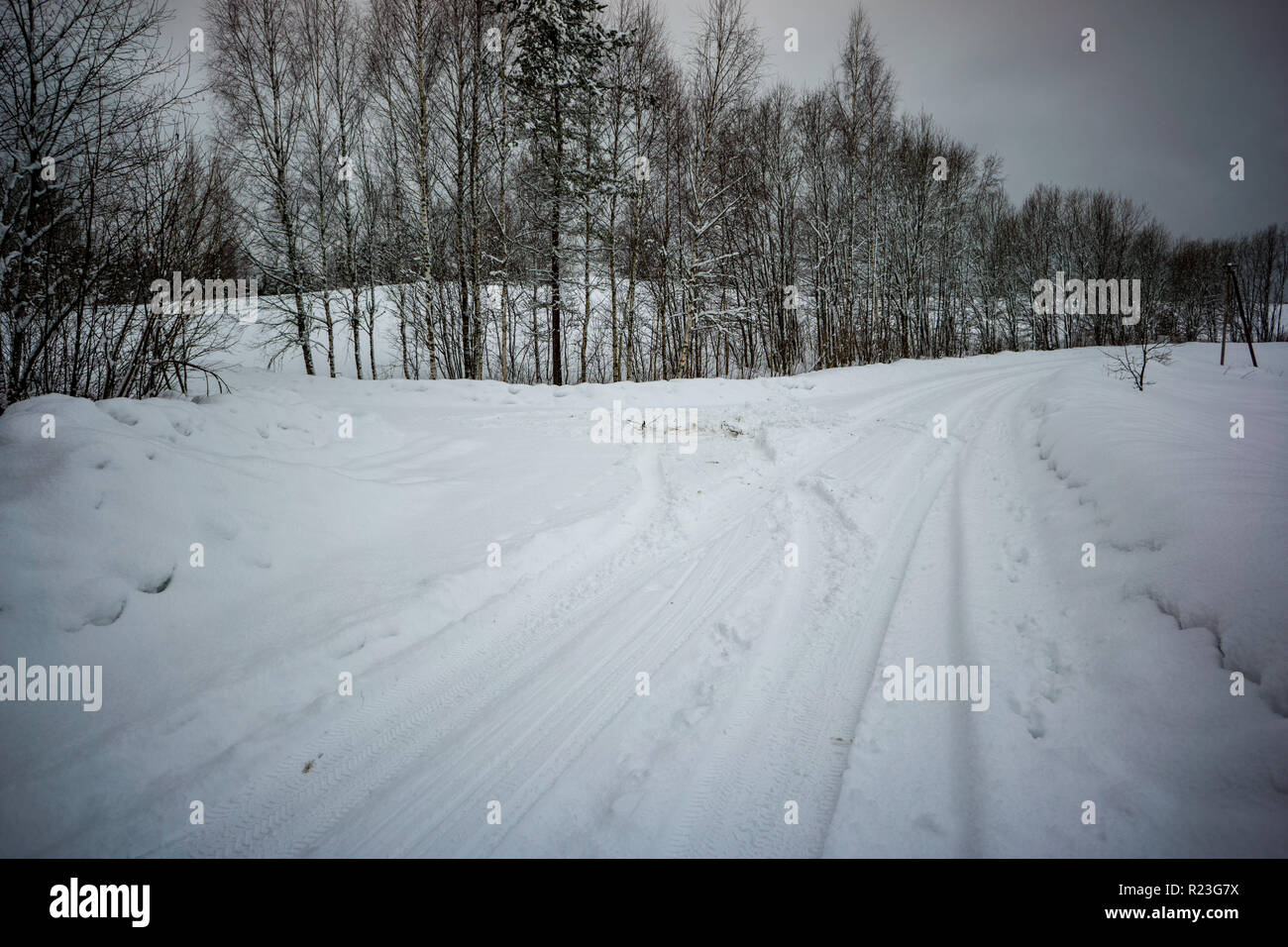 snow and ice covered road in countryside in winter with tire tracks ...