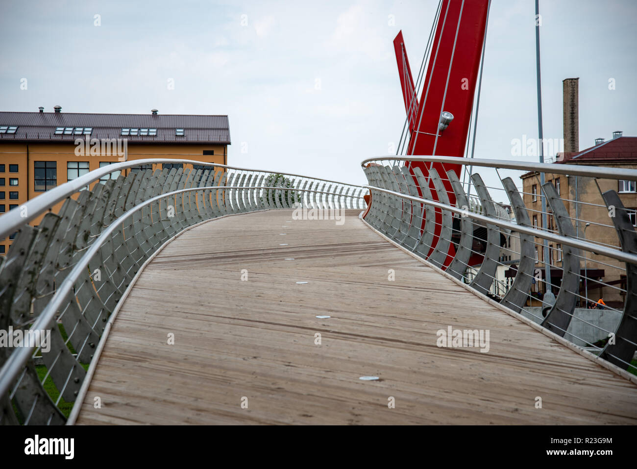 wooden and composite material foot bridge over water in green summer ...