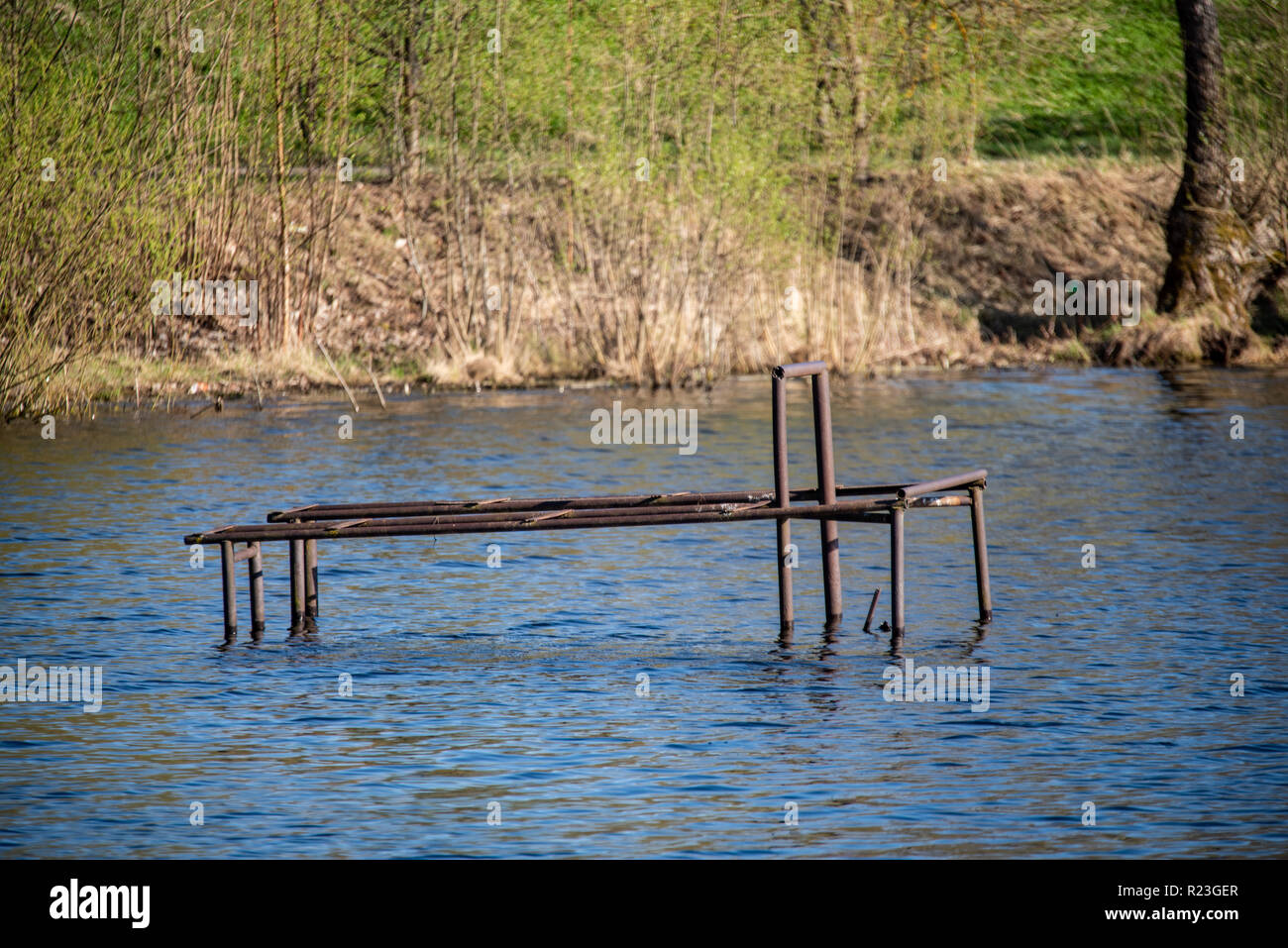 wooden and composite material foot bridge over water in green summer ...