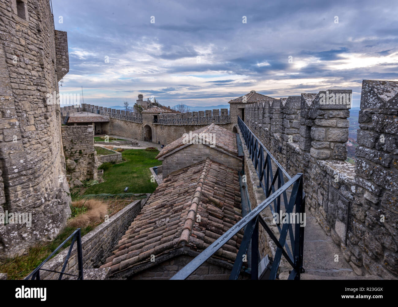 Battlements with medieval castle and walls in San Marino Stock Photo ...