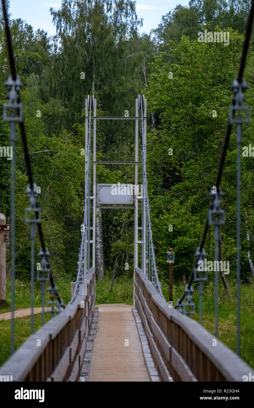 wooden and composite material foot bridge over water in green summer ...
