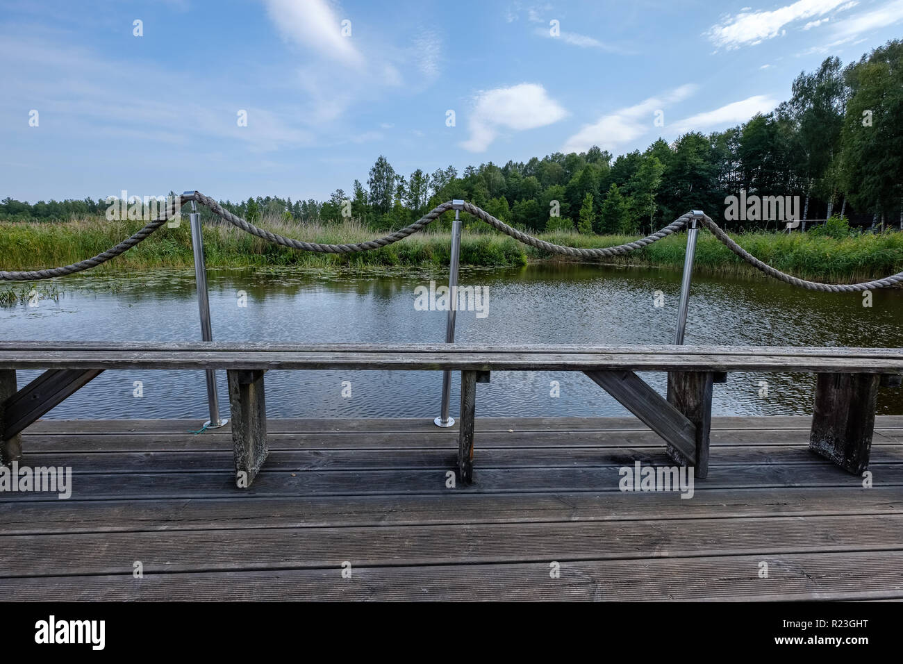 wooden and composite material foot bridge over water in green summer ...