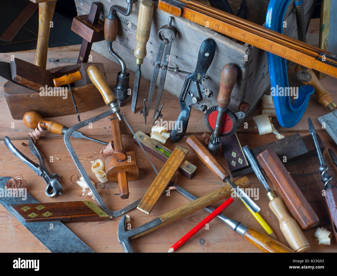 Carpenters tools on woodworking bench Stock Photo - Alamy