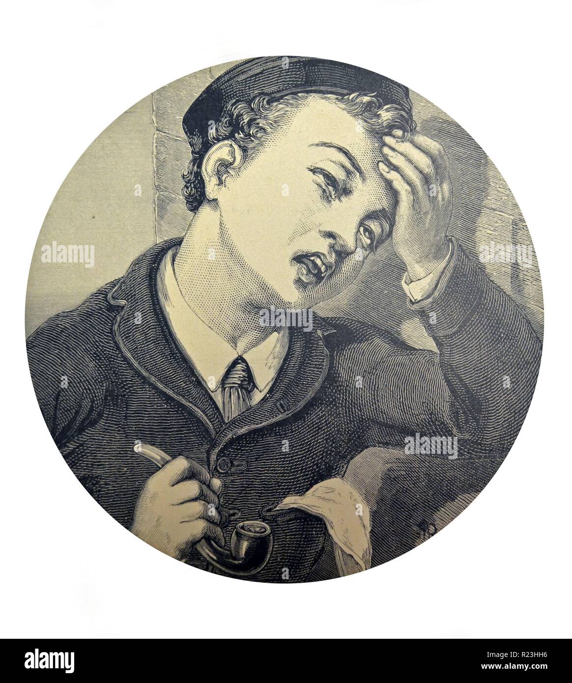After: Boy suffering from illicitly smoking his father's pipe. Woodcut ...