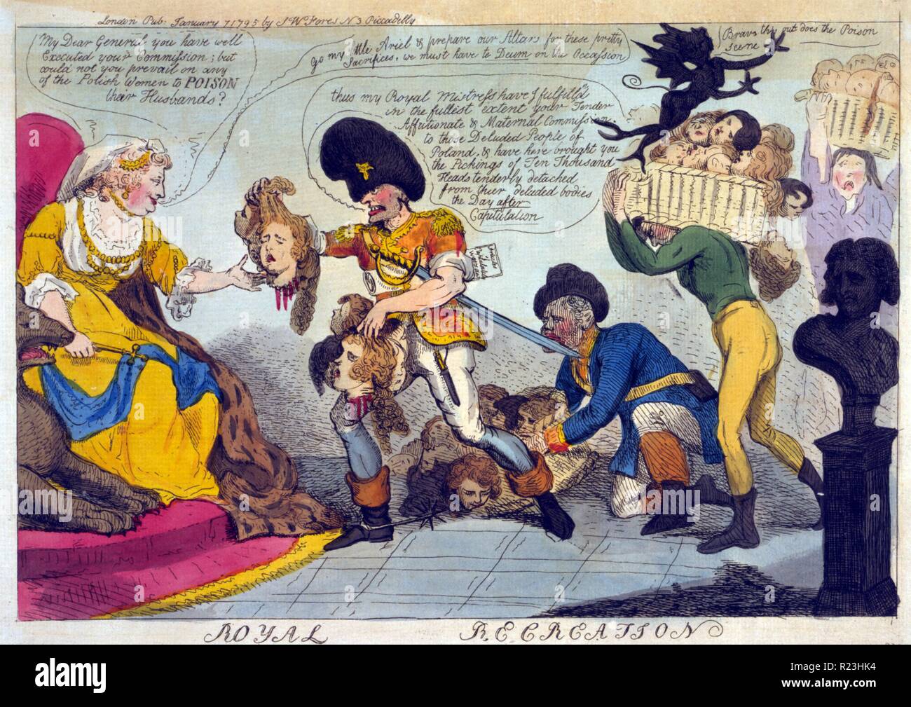 Royal recreation. Cartoon shows Catherine II seated on a throne ...