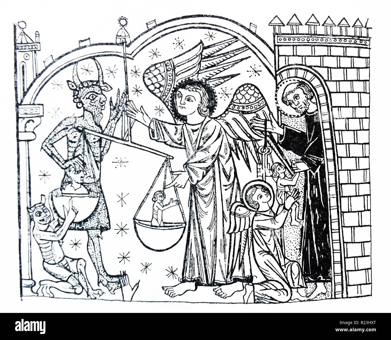 Line drawing depicting the weighing of souls. The soul is saved despite ...