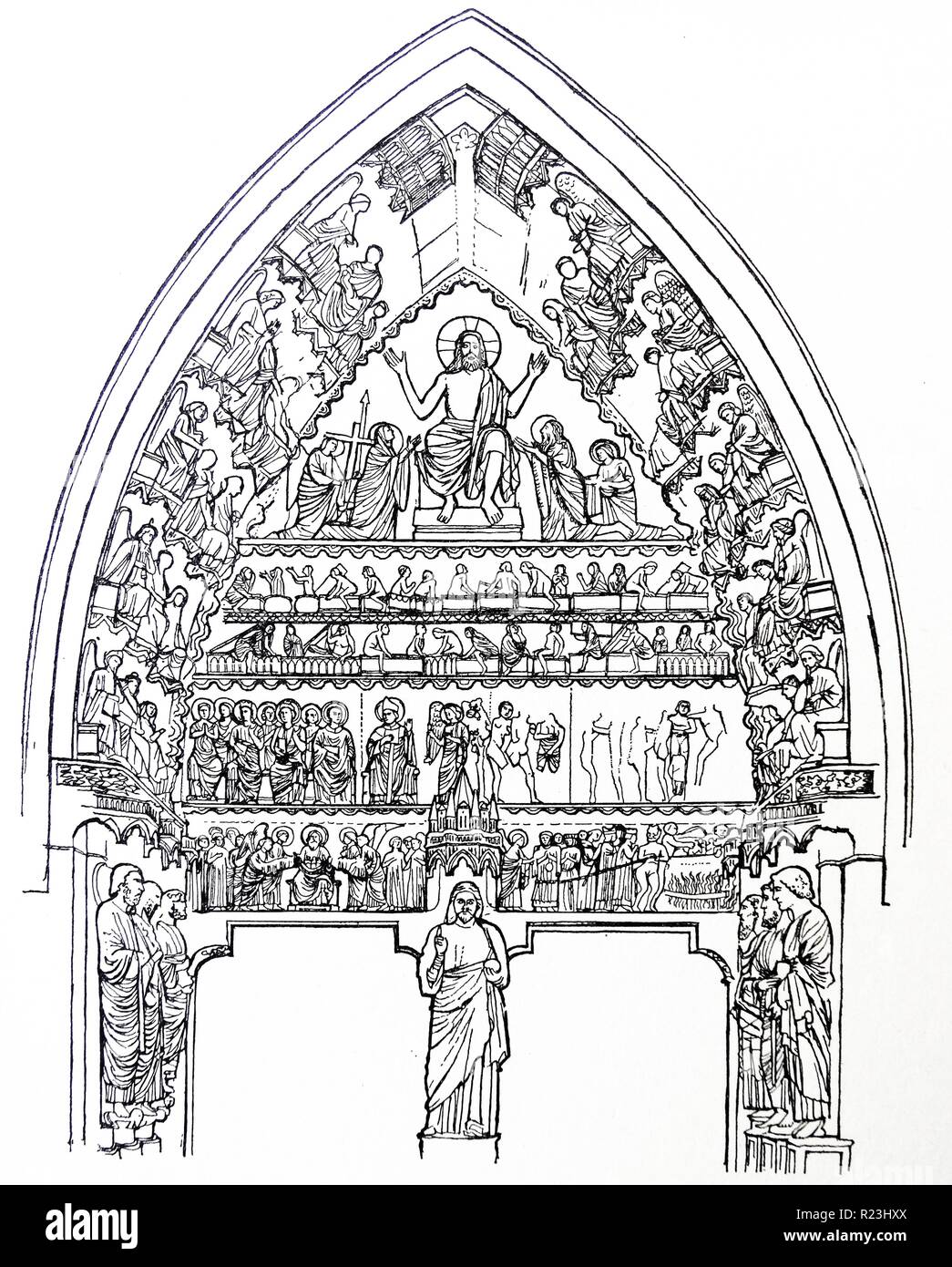 Line drawing of the Last Judgement tympanum at Rheims. Christ, the ...