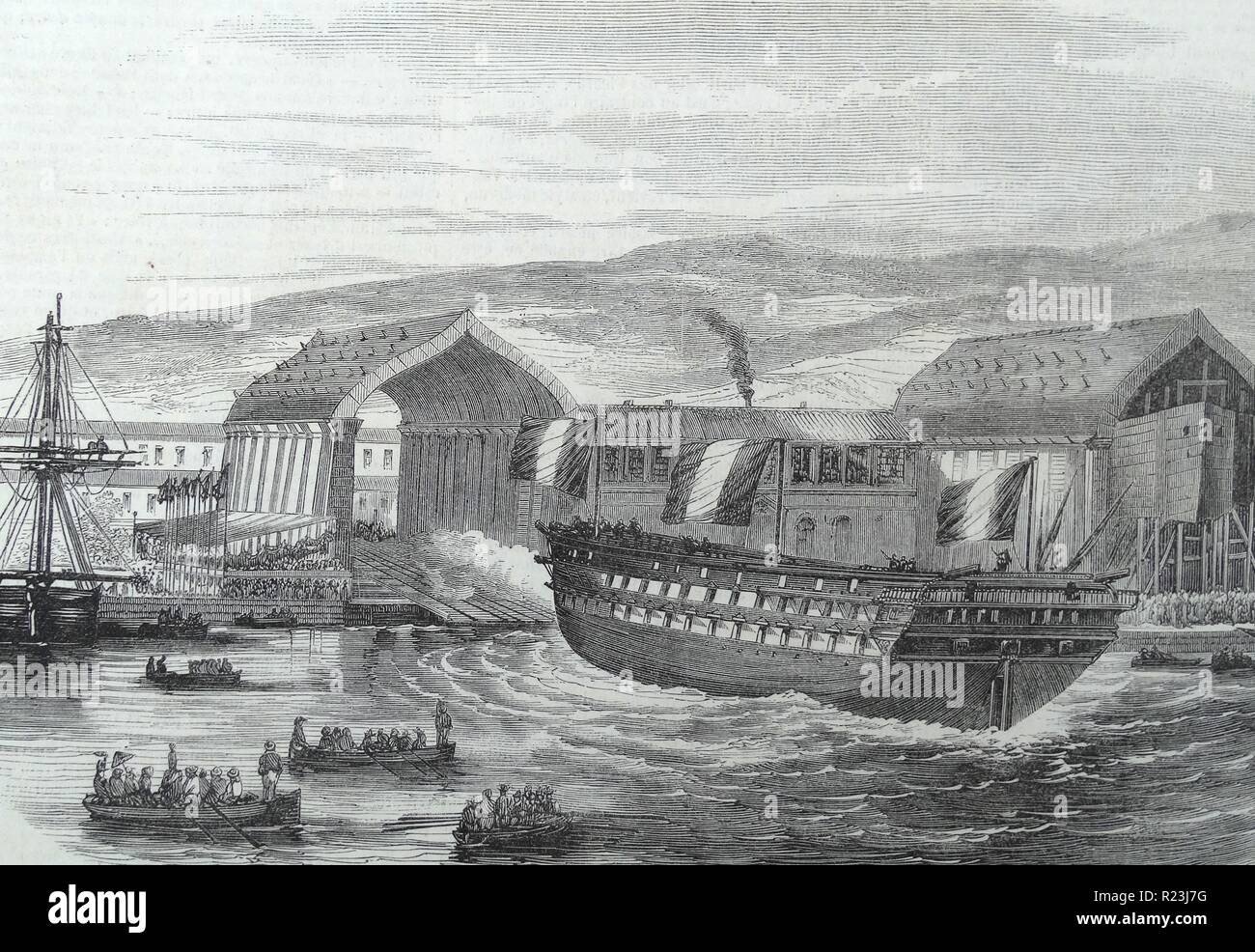 Illustration depicting a French ship being launched from a dock, France ...