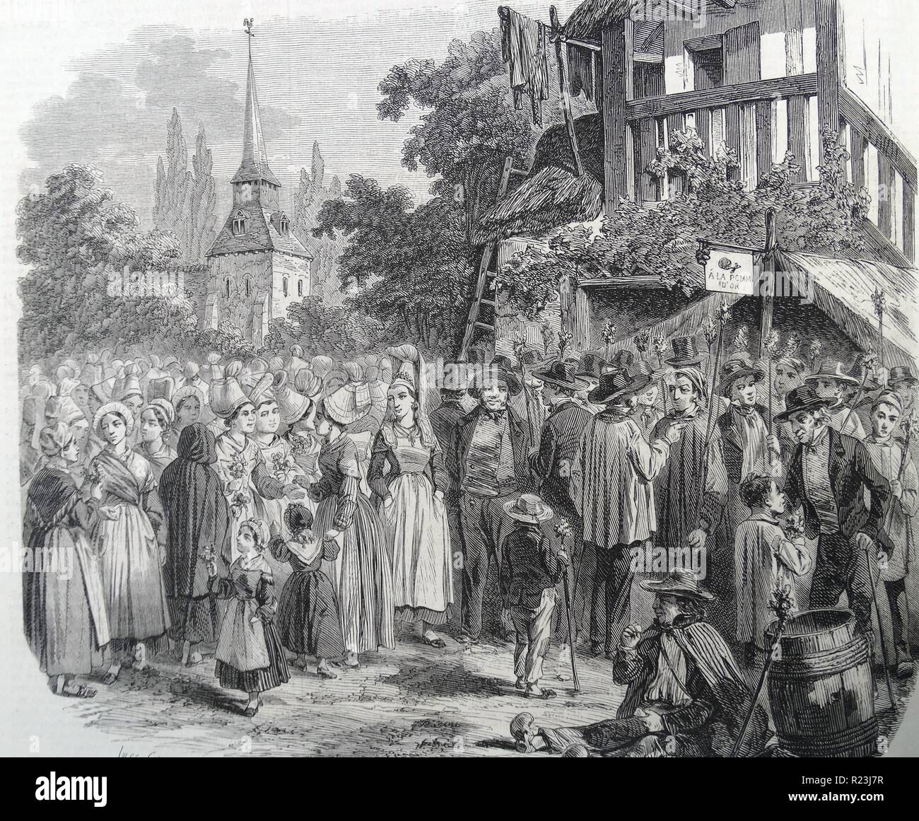 Illustration depicting a celebration outside the rural home of Saint ...