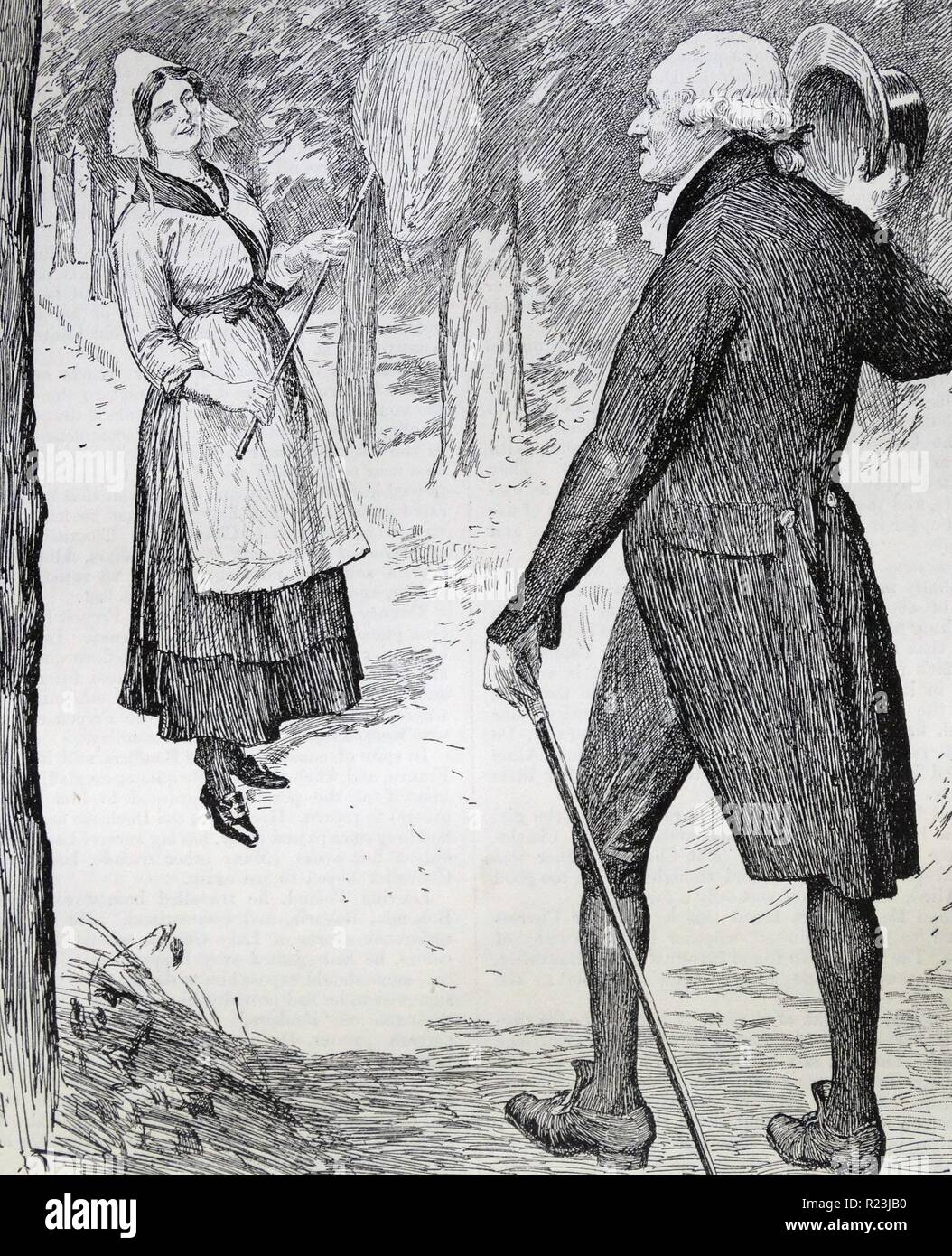 Illustration from a book depicting a gentleman greeting a peasant woman ...