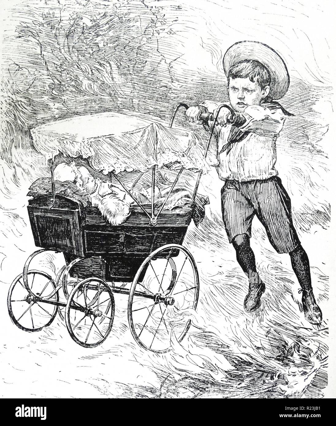Illustration from a book depicting a young boy pushing a pram with ...