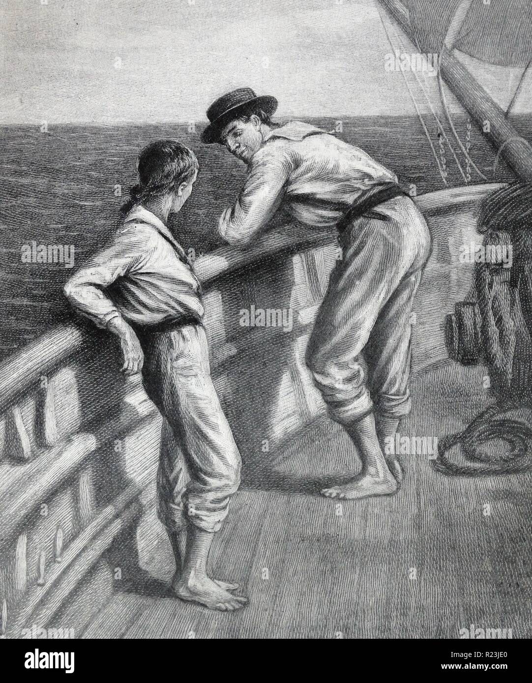 Illustration from a book depicting a young boy talking with a crew ...