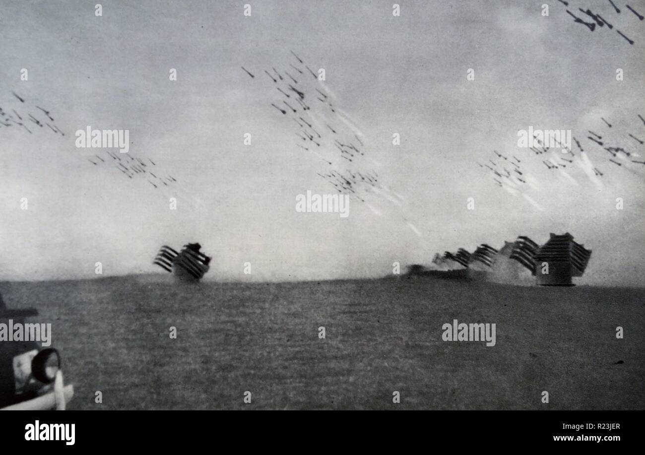 Photograph of missiles being launched by German warships. Dated 1941 ...