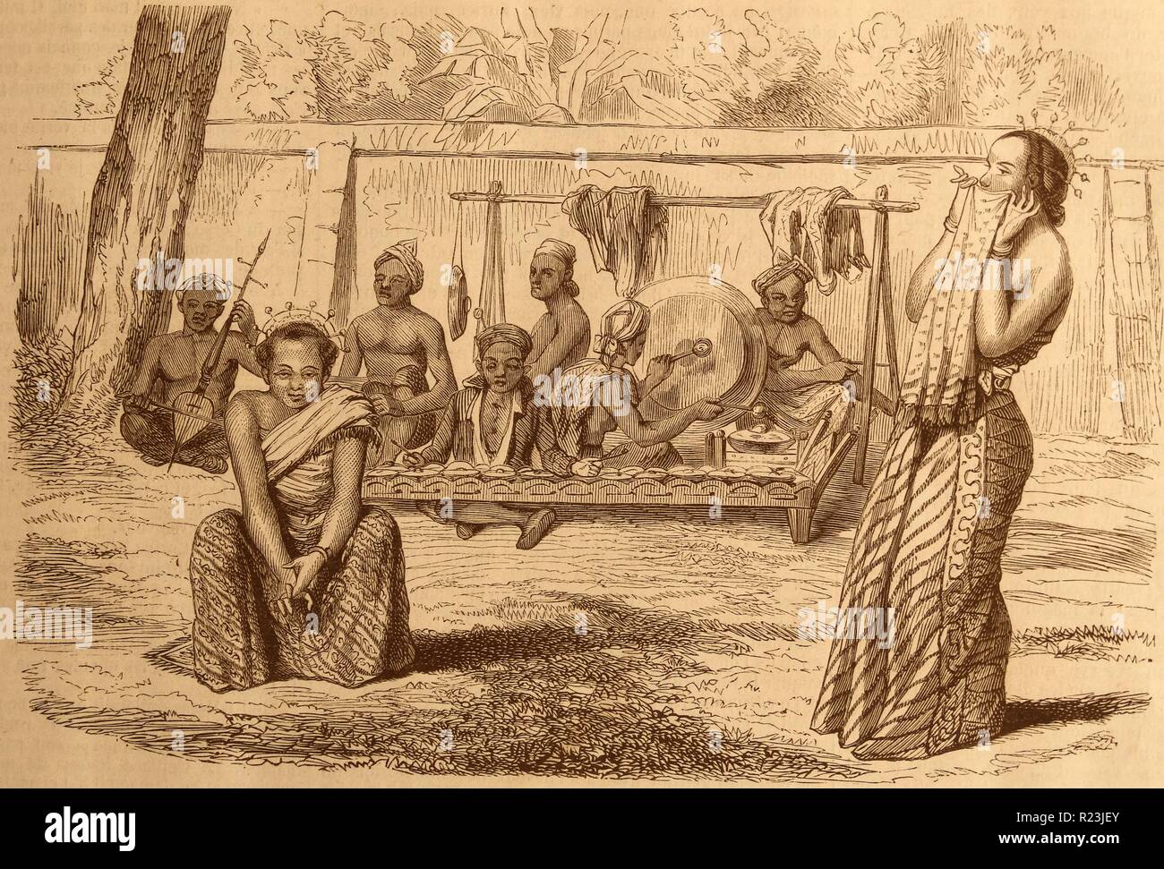 Engraving depicting a dance on Java Island, Indonesia. Dated 1870 Stock ...