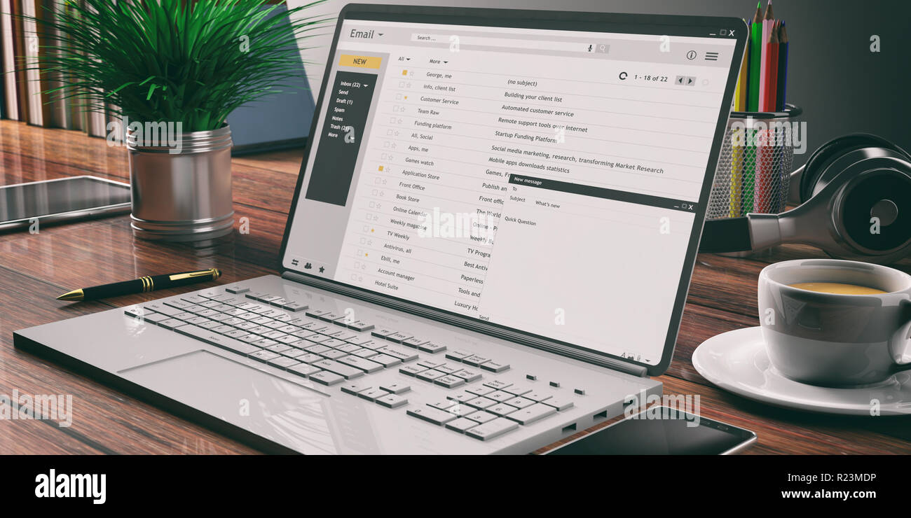 Emails on a computer laptop screen, wooden desk, office background. 3d ...