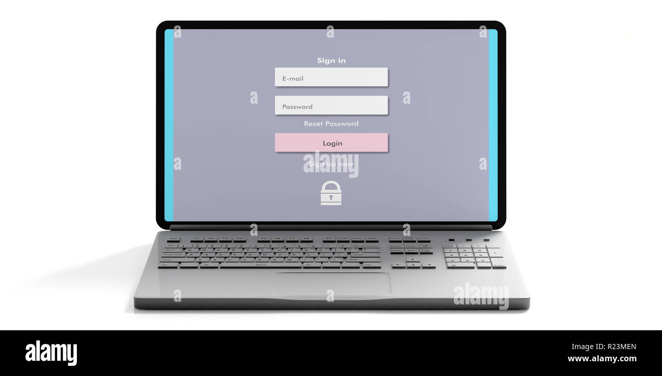 Login on a computer laptop screen isolated on white background, front ...