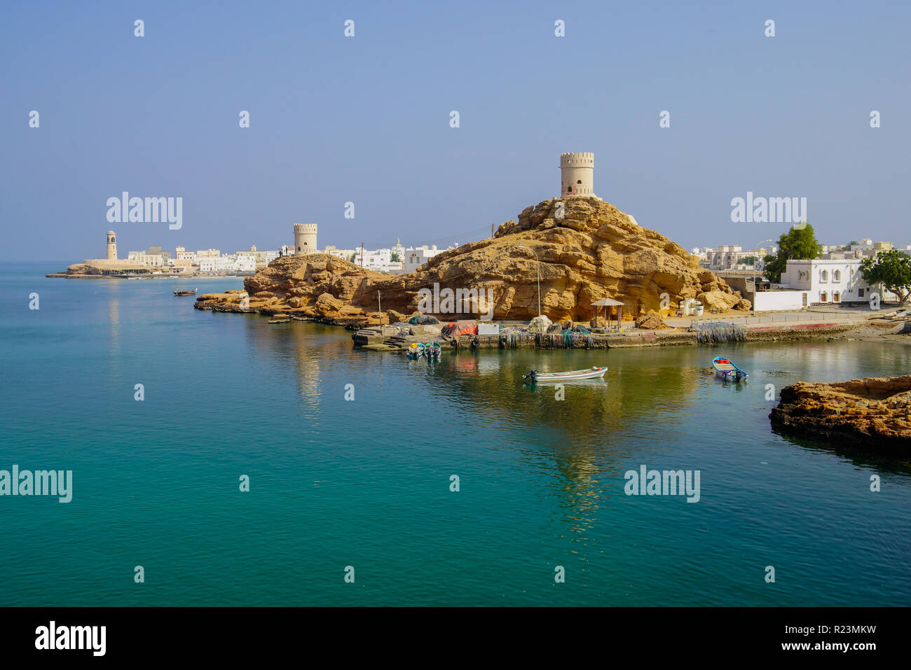 View picturesque of Al Ayjah town, watchtower and lighthouse in the bay ...