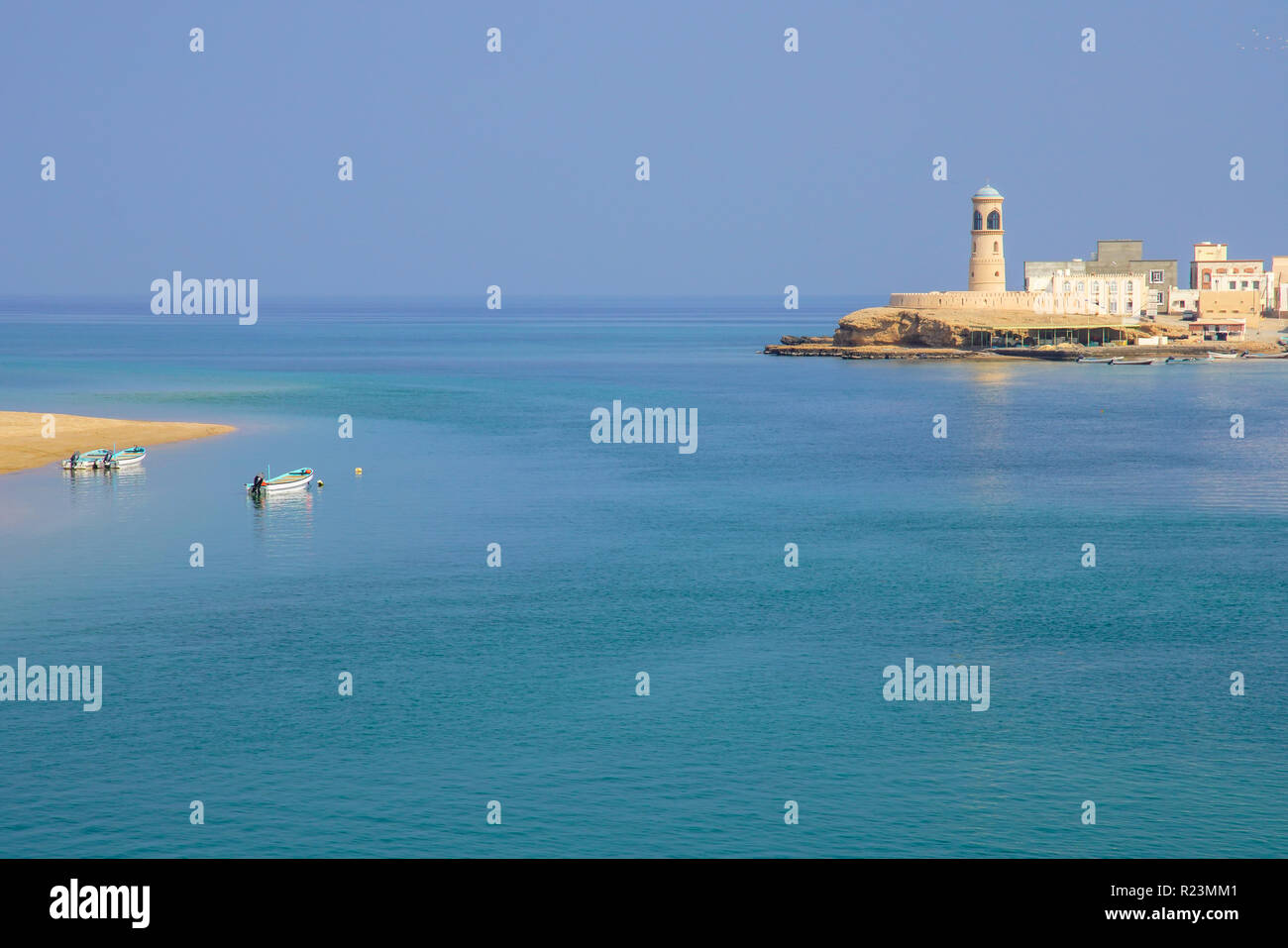 View picturesque of Al Ayjah town, watchtower and lighthouse in the bay ...