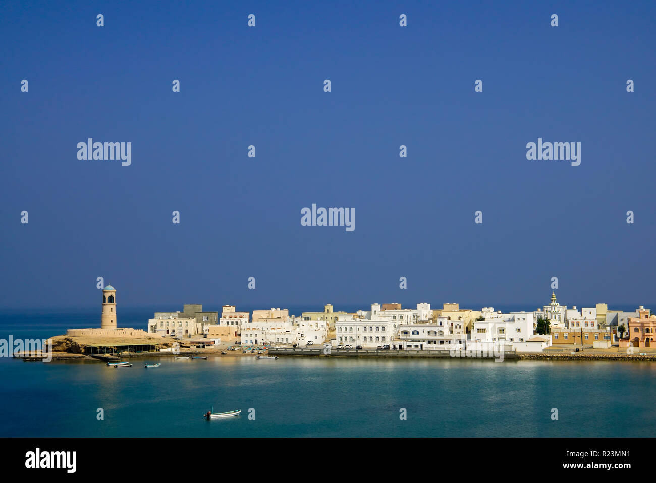 View picturesque of Al Ayjah town, lighthouse in the bay of Sur, Oman ...