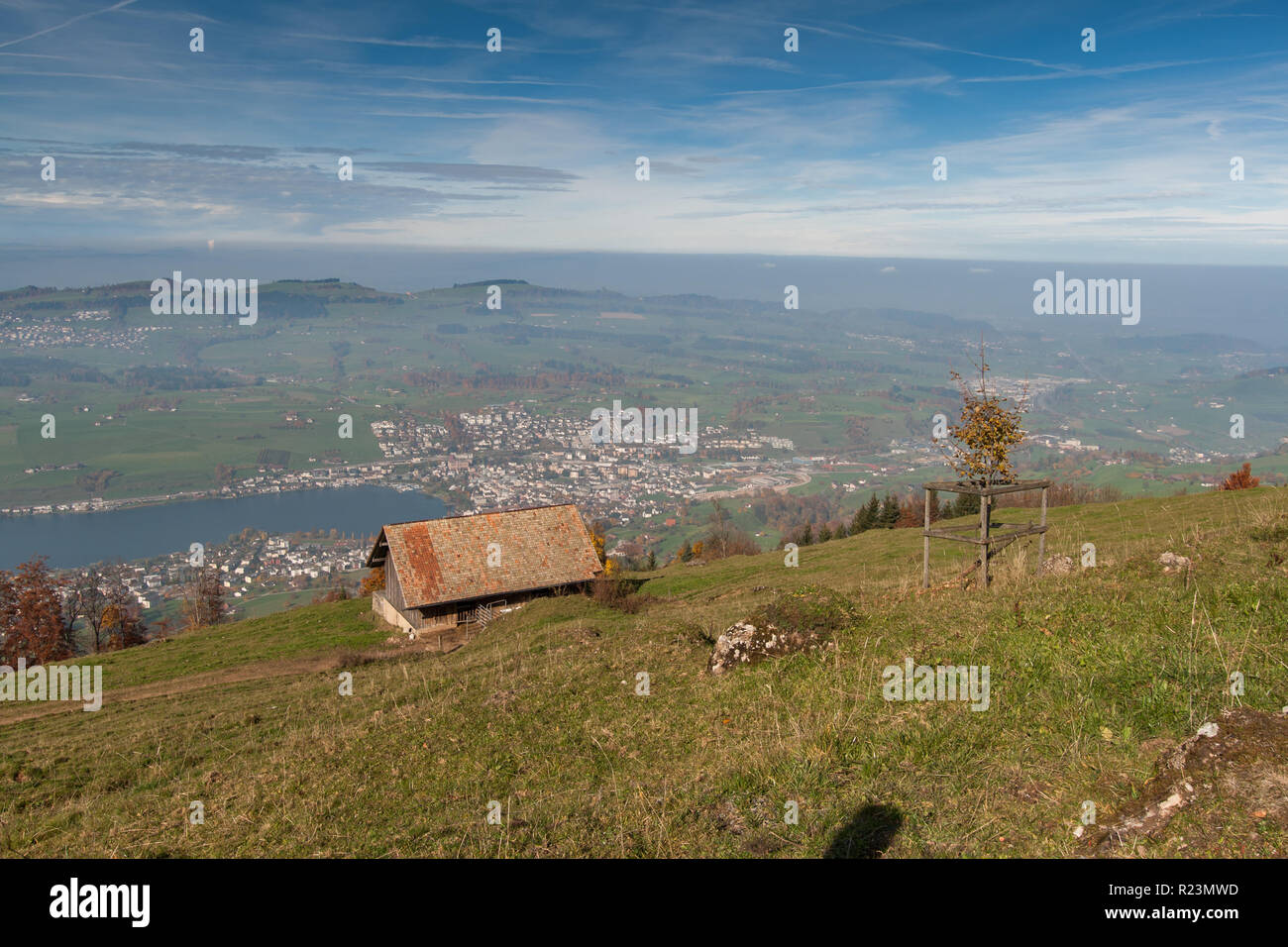 Landscape with Green meadows above Lake Lucerne, near mount Rigi, Alps ...