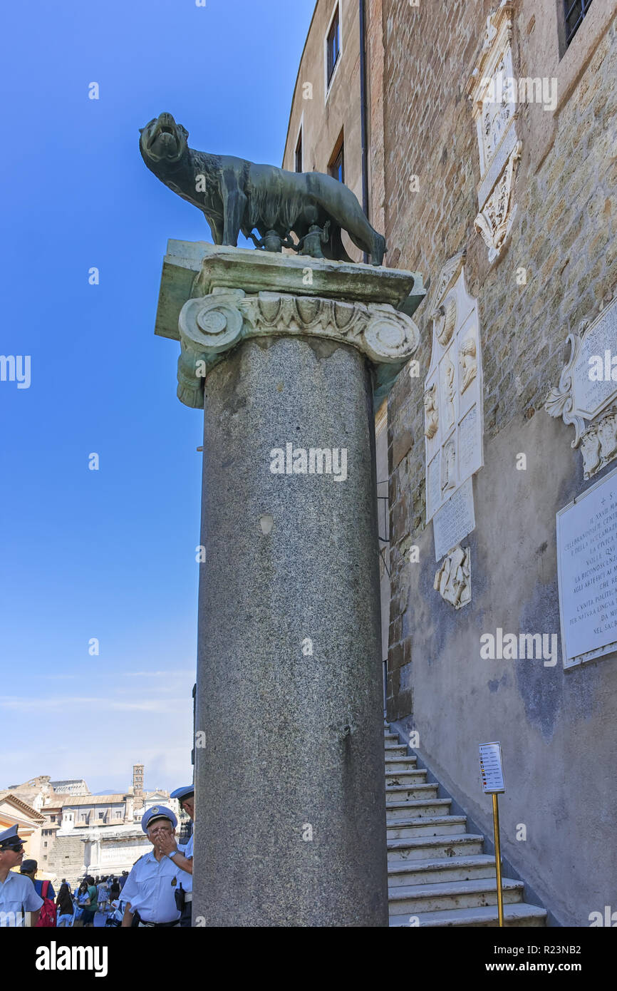 ROME, ITALY - JUNE 23, 2017: Statue of Wolf with Romulus and Remus on ...