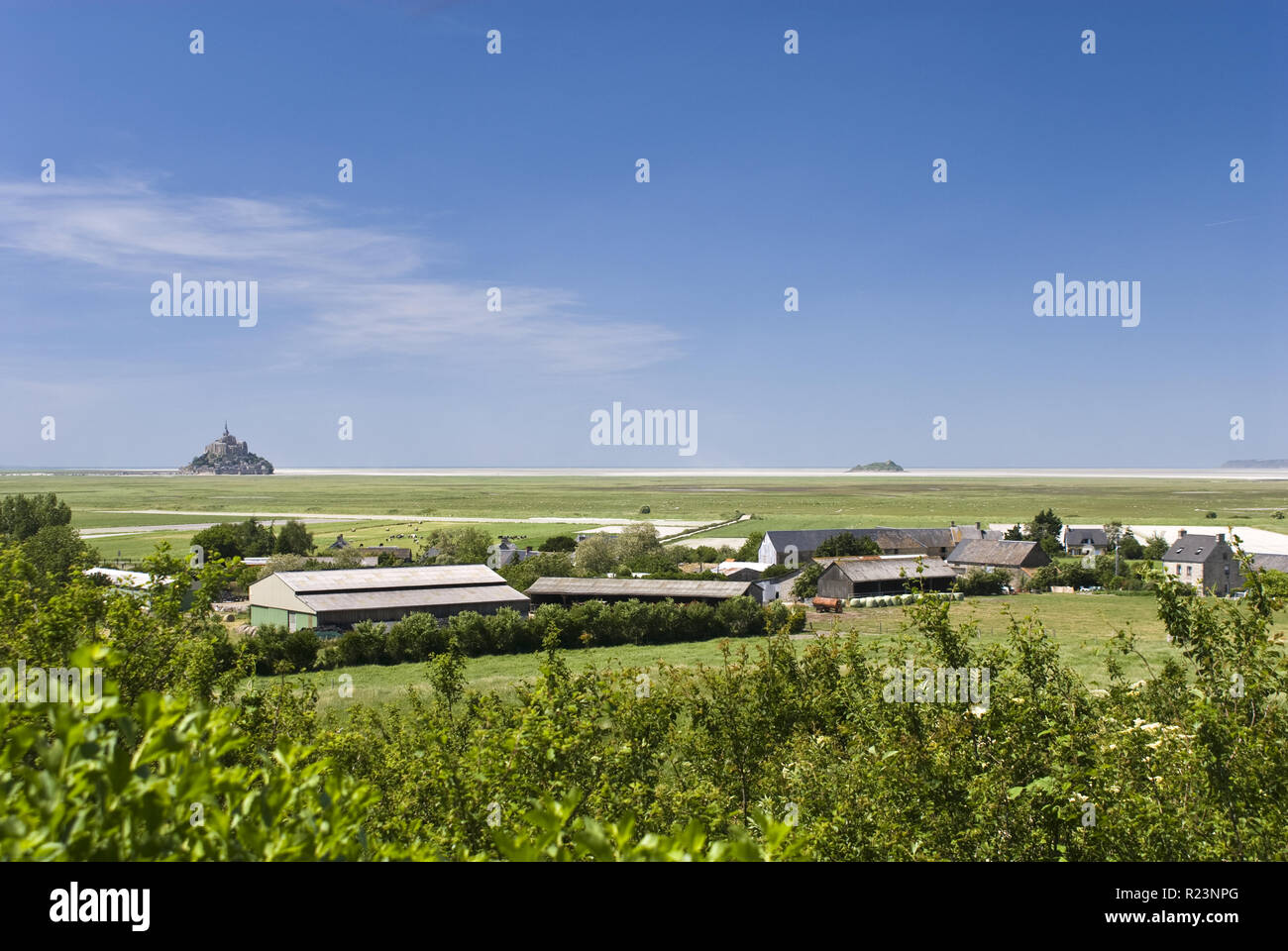 A Normandy farm with Mont-Saint-Michel, an island commune in Normandy ...