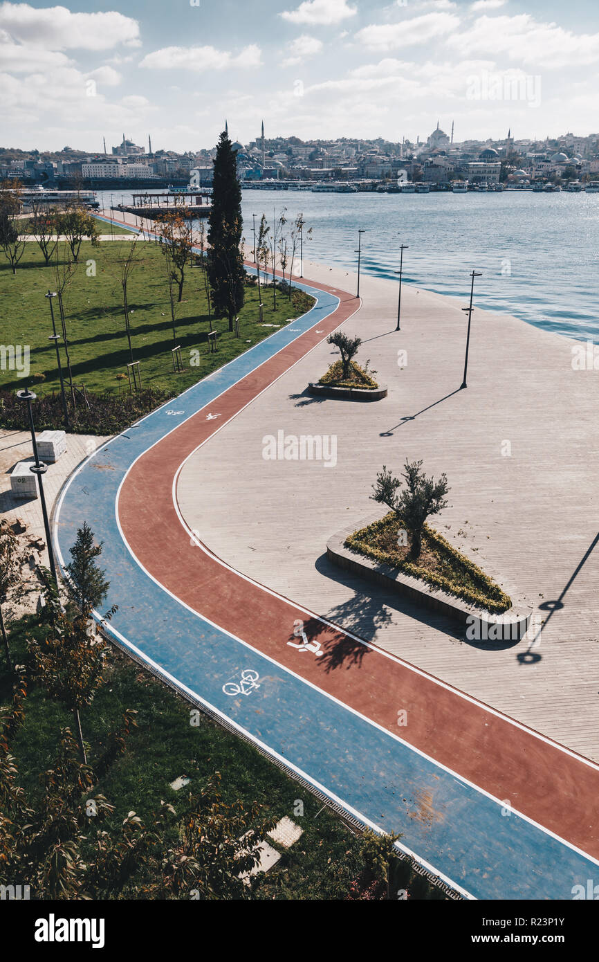 aerial view of the cycle lane along the shoreline of istanbul , turkey ...