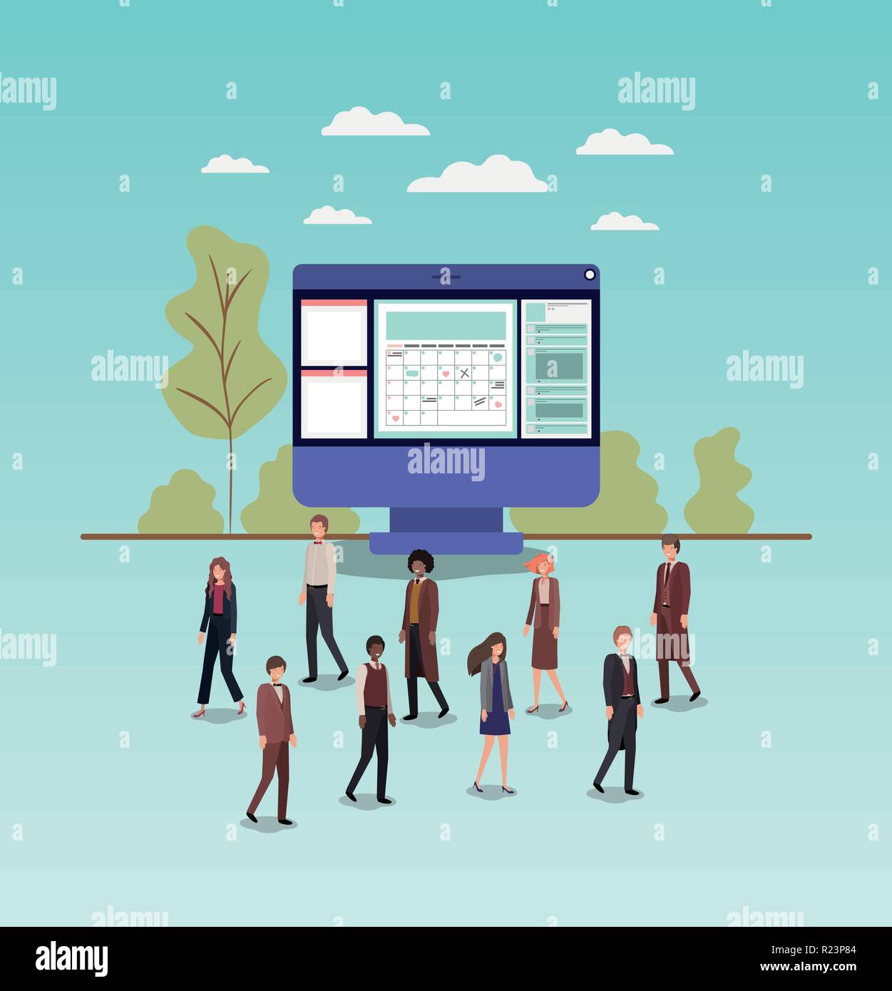 Workers at desktop computer screen Stock Vector Images - Alamy