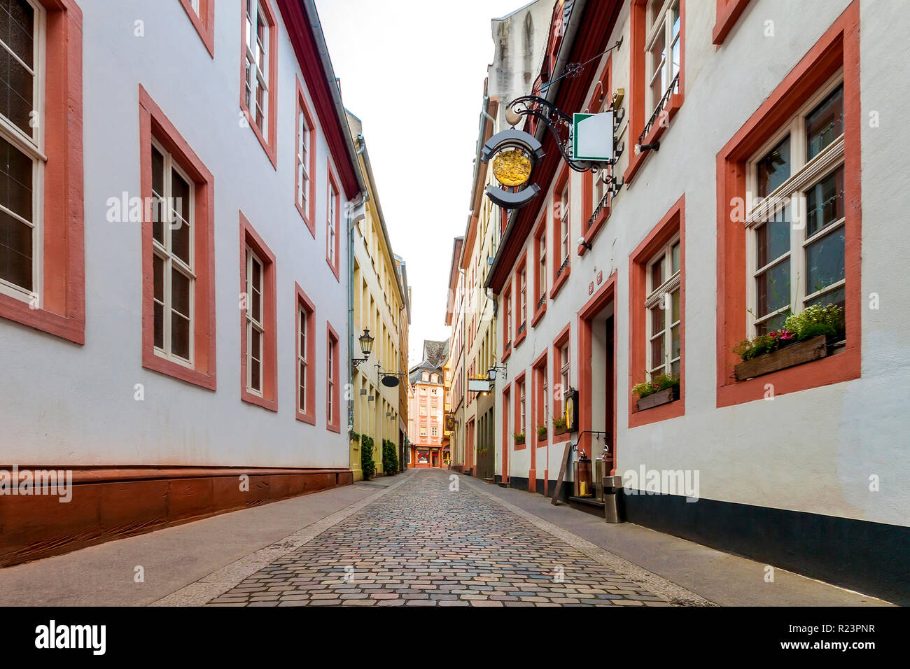 Beautiful view of scenic narrow street with historic traditional houses ...
