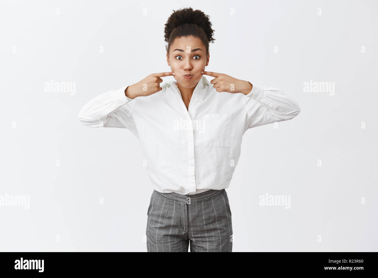 Girl burst from pressure like bubble. Sulking good-looking playful ...