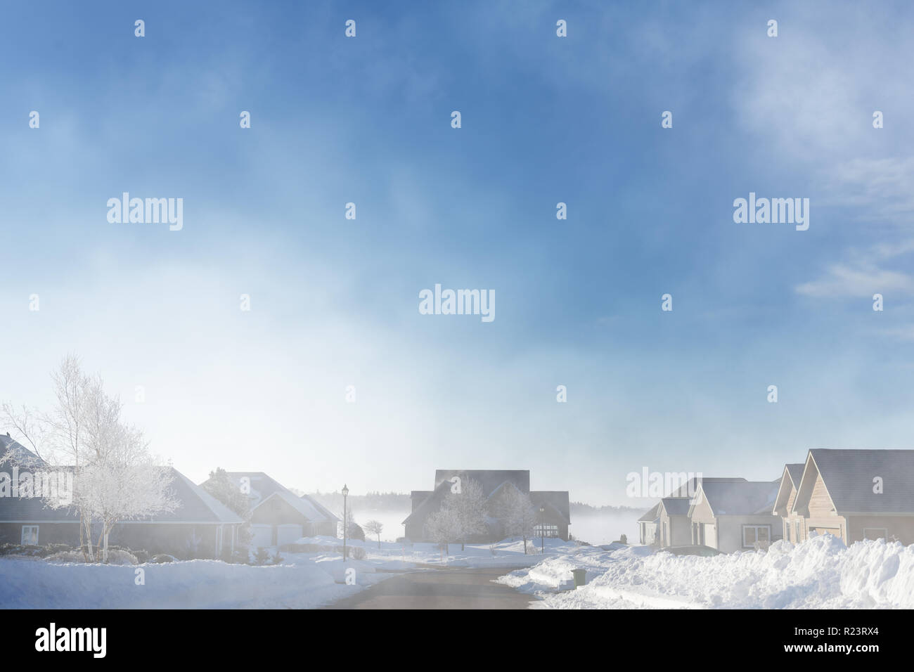 Fog rising over a North American suburb Stock Photo - Alamy