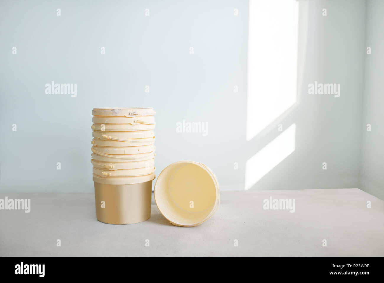 Empty building buckets at the construction site indoors Stock Photo - Alamy
