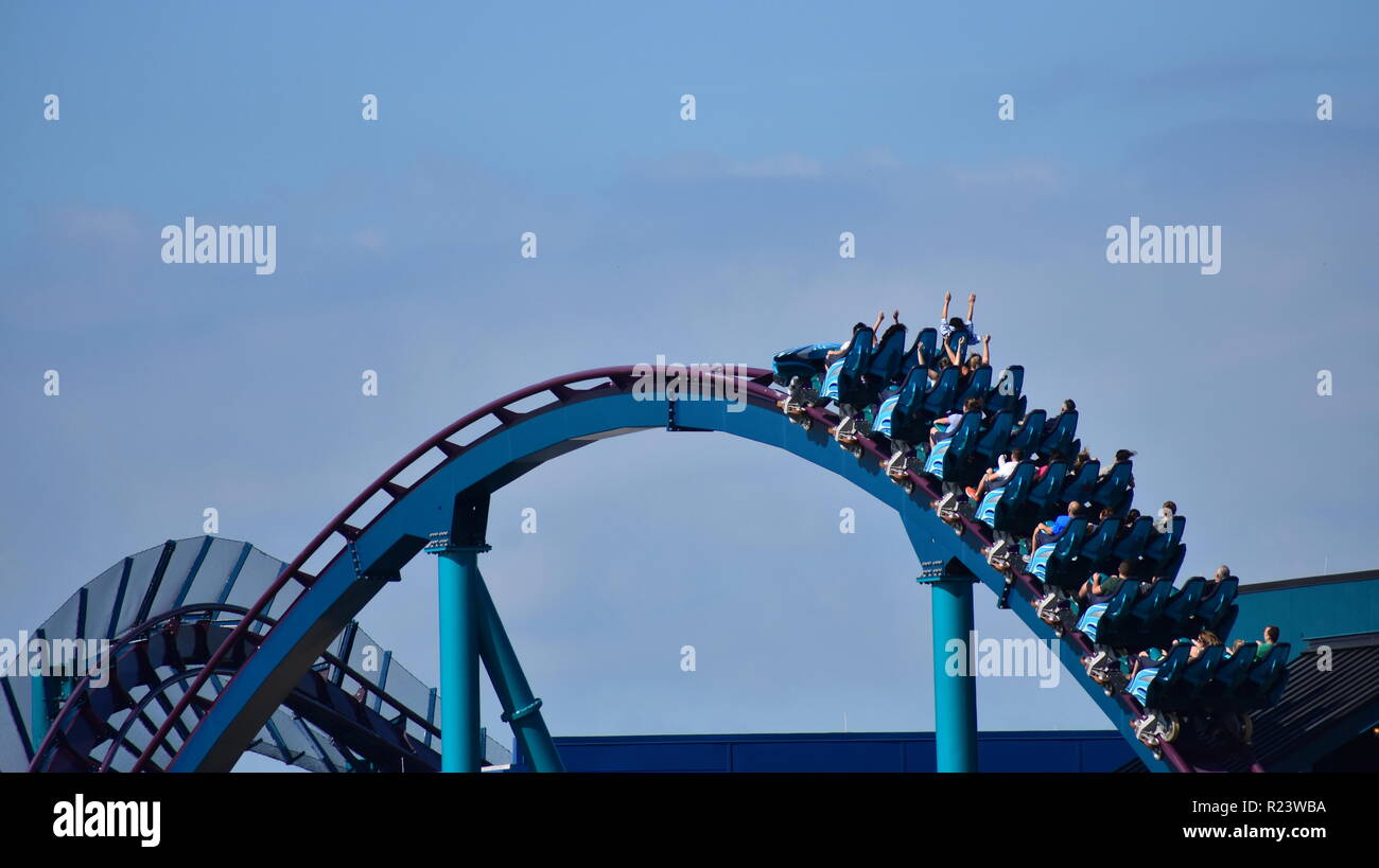 Orlando, Florida. October 19, 2018 Enjoy Mako rollercoaster with tracks ...