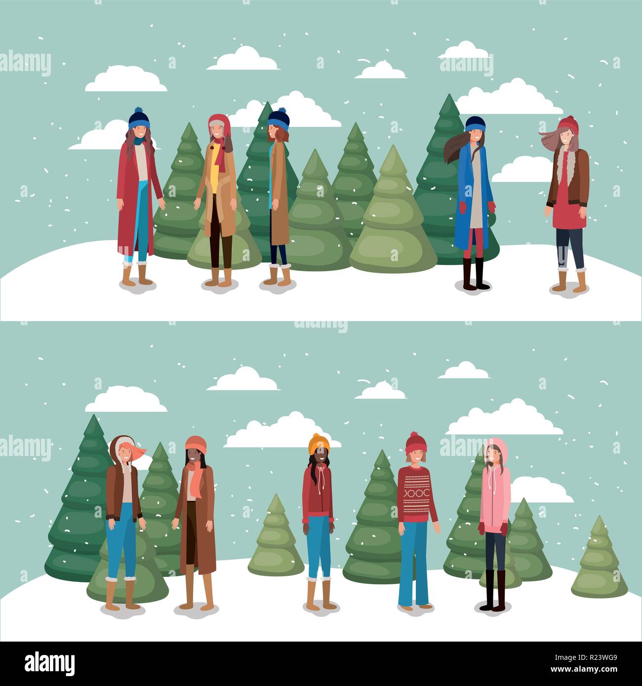 group of women in snowscape with winter clothes Stock Vector Image ...