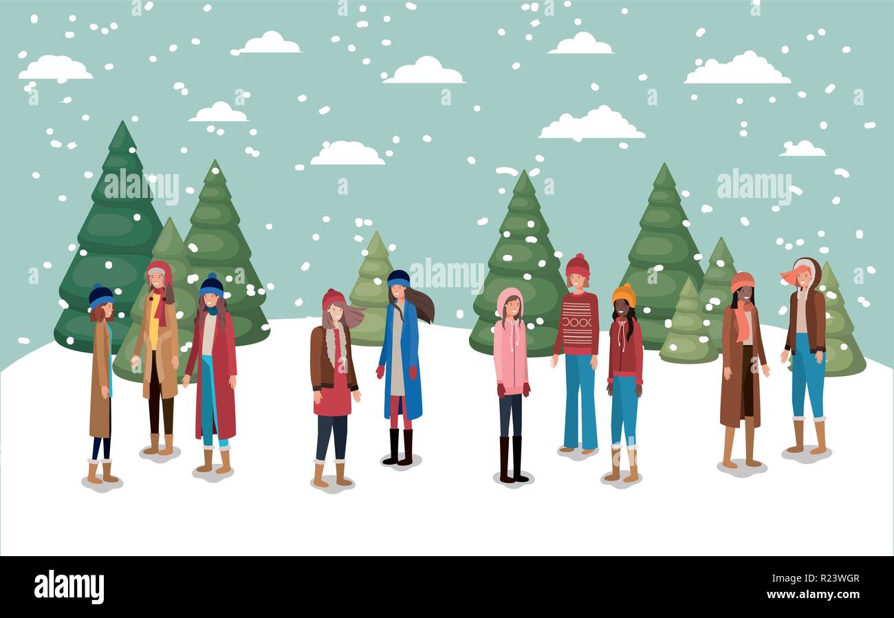 group of women in snowscape with winter clothes Stock Vector Image ...