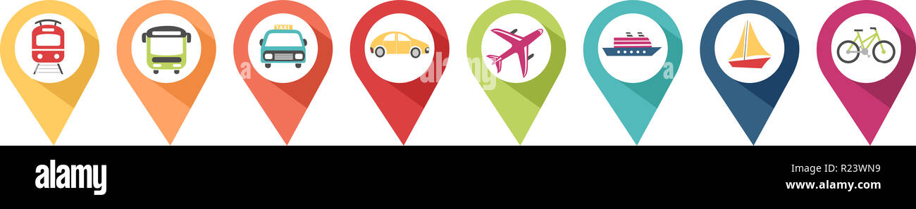 Pictograms of transport vehicles in coloured pins to locate a location ...