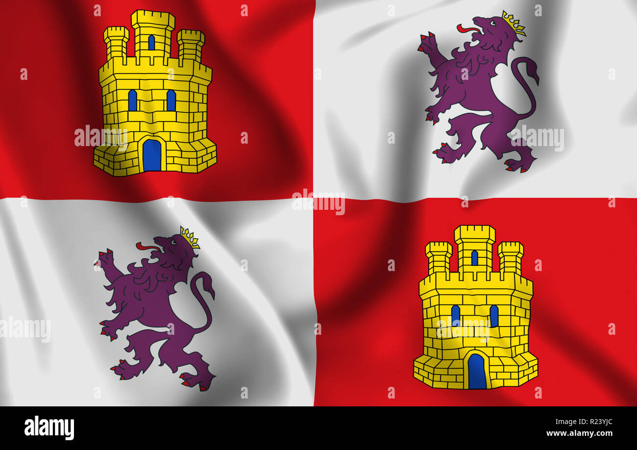 Castilla Y Leon 3D waving flag illustration. Texture can be used as ...
